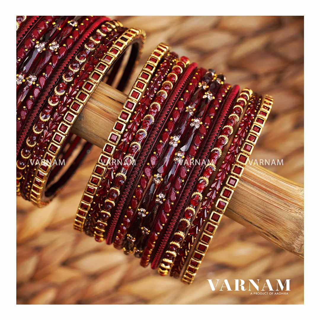 Traditional Maroon glass bangle stack. BUY NOW.